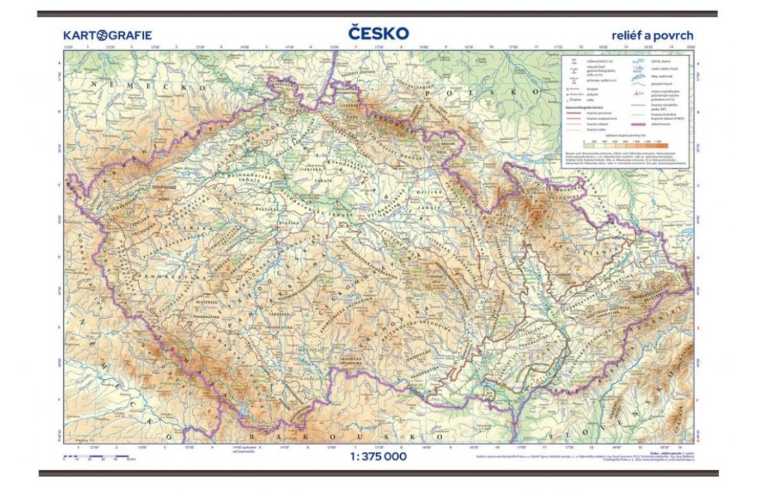 Česko – reliéf a povrch – školní nástěnná mapa 1 : 375 000 | SEVT.cz