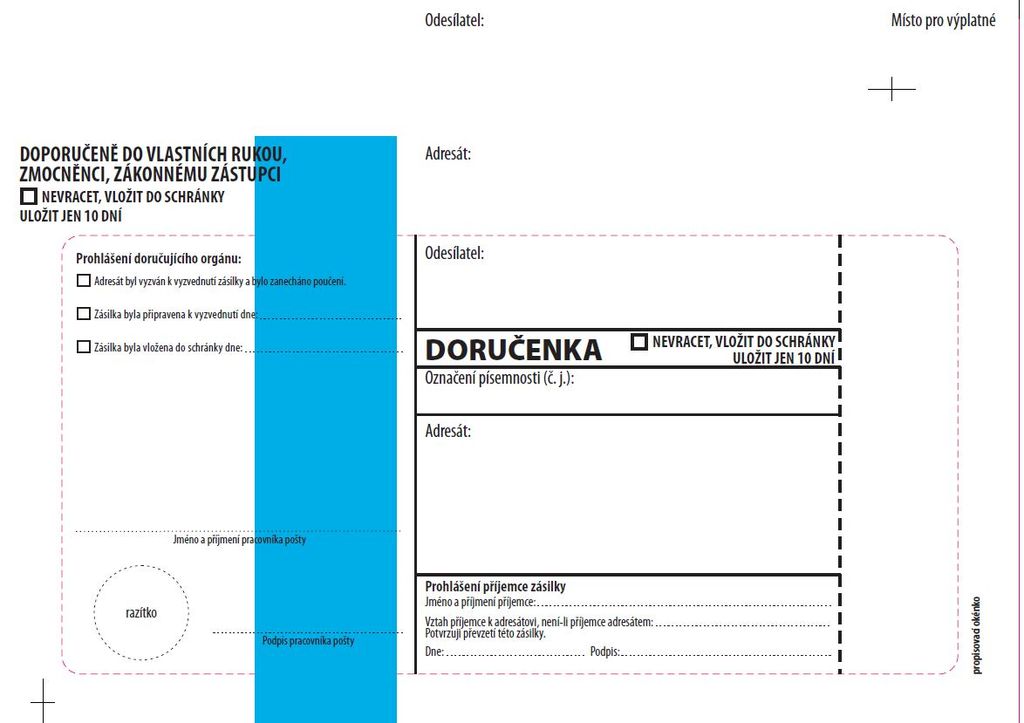 Doručenka modrý pruh Správní řád, s poučením | SEVT.cz
